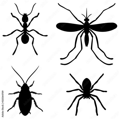 Vector Pictograms Of Four Different Insects In Black Ant Cockroach