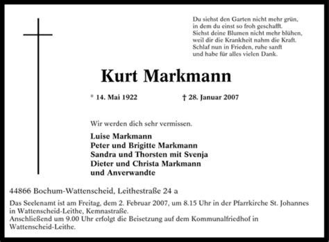 Traueranzeigen Von Kurt Markmann Trauer In Nrw De