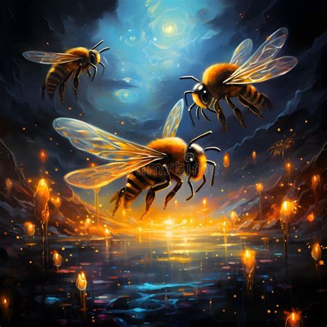 Ai Generated Illustration Of Honeybees Soaring Through The Night Sky With Vibrant Lights Stock