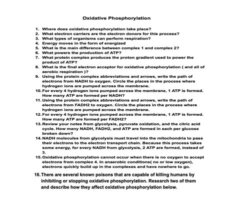 Solved Oxidative Phosphorylation 1 Where Does Oxidative