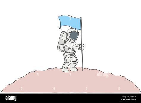 One Single Line Drawing Of Space Man Astronaut Exploring Cosmic Galaxy And Planting Flag On