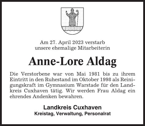 Anne Lore Aldag Gedenken Niederelbe Zeitung