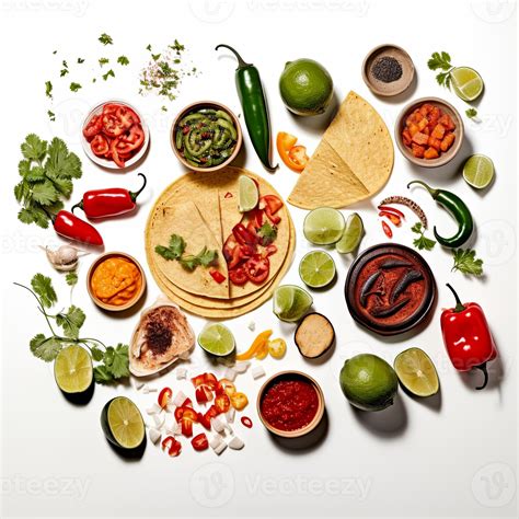 Mexican Food Ingredients Arranged In Bowls And On A White Surface