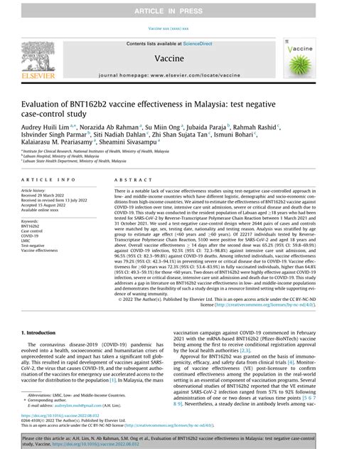Pdf Evaluation Of Bnt162b2 Vaccine Effectiveness In Malaysia Test