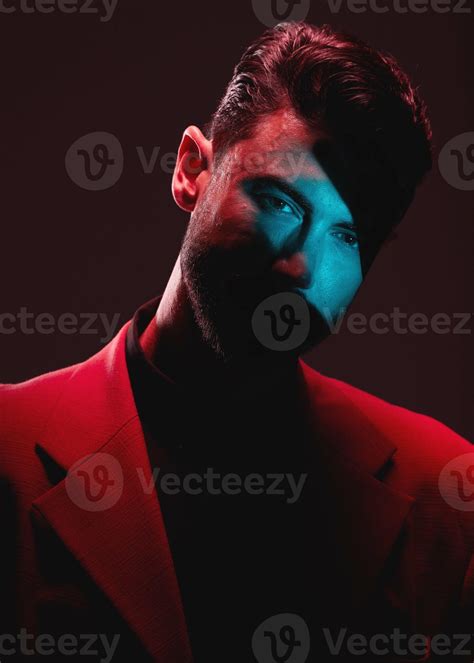 Art Neon Light And Reflection Portrait Of Man With Eyes In Lighting