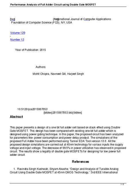 Pdf Performance Analysis Of Full Adder Circuit Using Double Gate Mosfet