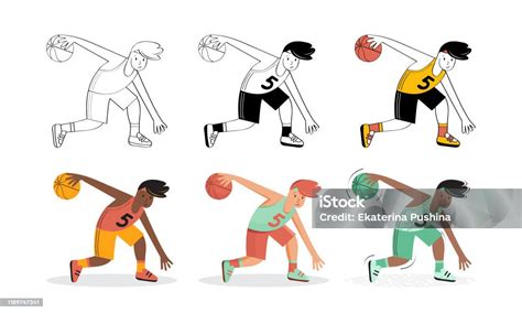 다른 스타일의 농구 선수의 집합입니다 한 젊은 남자 선수가 농구를 위해 칼을 들고 노는다 스포츠 라이프 스타일 공을 가진 스포츠 게임 벡터의 흰색 배경에 격리된 개체입니다