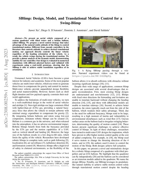 Sblimp Design Model And Translational Motion Control For A Swing Blimp Deepai