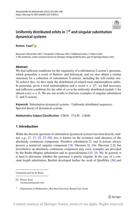 Uniformly Distributed Orbits In Td And Singular Substitution Dynamical