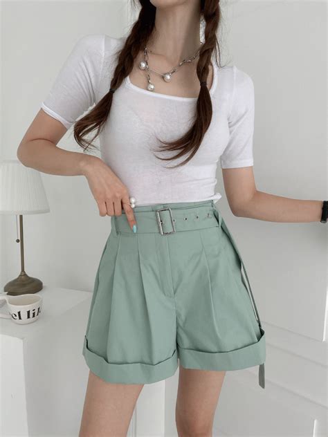여름 여자 하이웨스트 핀턱 버클 3부 반바지