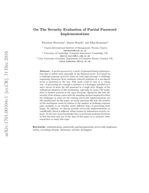 Pdf On The Security Evaluation Of Partial Password Implementations