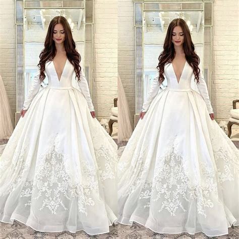 Elegant White Satin Wedding Dresses Long Sleeves Lace A Line V Neck