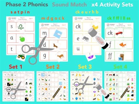 Phase 2 Phonics X4 Sets Matching Cut Stick Teaching Resources
