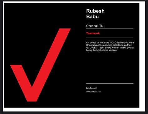 Verizon Encouragement Rubesh Kumar Babu