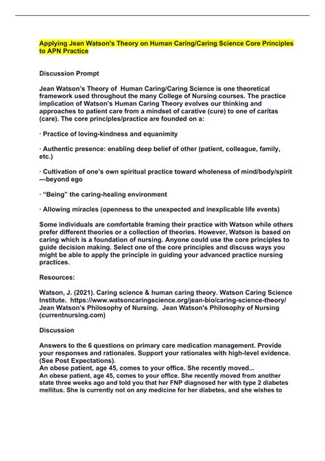 Answered Complete Applying Jean Watsons Theory On Human Caring Caring Science Core Principles