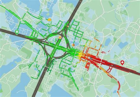 Color Coded Traffic Map Illustrating Road Congestion Across A City