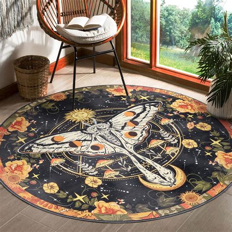 Ultra Thin Moody Black Floral Rugs Washable Boho Cute