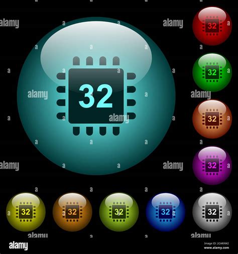 microprocessor 32 bit architecture icons in color illuminated spherical