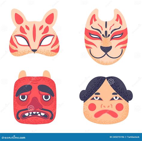 Símbolos De La Cultura Asiática Auténticas Caras De Máscaras De Teatro