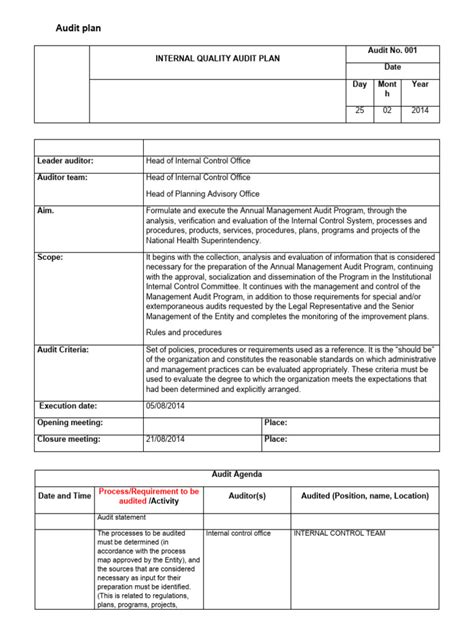 Audit Plan Format 1 Pdf Internal Control Audit