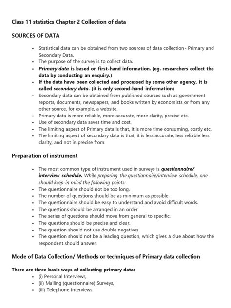 Class 11 Statistics Chapter 2 Collection Of Data Pdf Survey