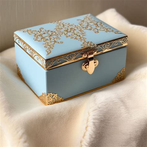 A Soft Blue Jewelry Box With Intricate Gold Filigree And A Dainty Latch