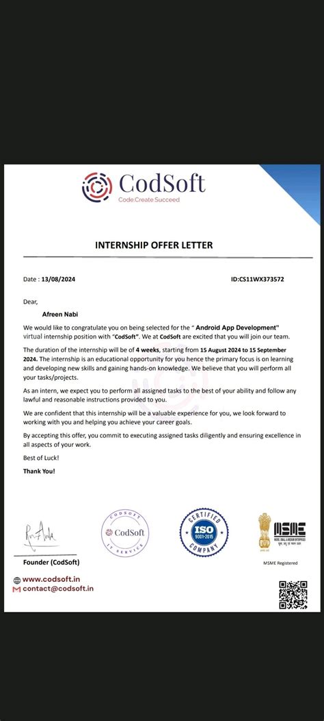 afreen nabi on linkedin codsoft internship offerletter