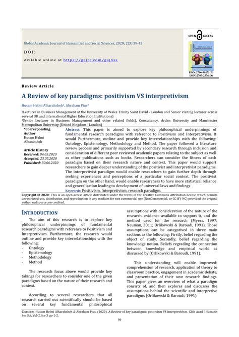 Pdf A Review Of Key Paradigms Positivism Vs Interpretivism