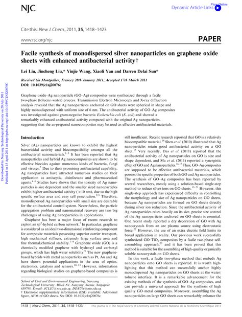 Pdf Facile Synthesis Of Monodispersed Silver Nanoparticles On Graphene Oxide Sheets With