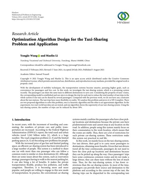 Pdf Optimization Algorithm Design For The Taxi Sharing Problem And Application