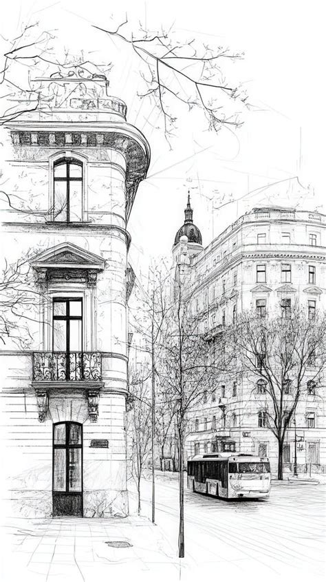 Urban Sketch Showing Classical Italian Building With Tram Passing By