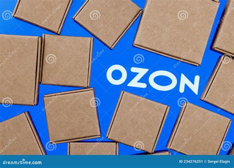 Ozon Logo On A White Background Surrounded By Parcel Boxes Editorial Photo