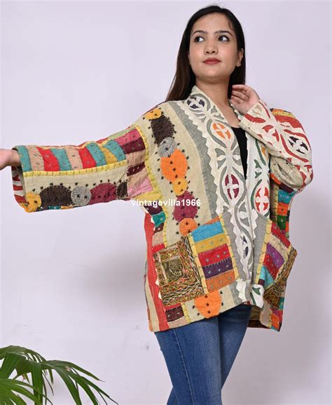Vintage Kantha Cotton Jacket Hand Embroidered Patchwork Oversized Fit