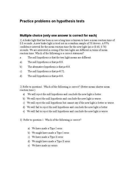 Practice Hypothesis Test Problems Pdf Type I And Type Ii Errors Statistical Significance