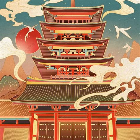 中國風線性描邊長安風光古建築插畫 中國風 古典 祥雲插畫素材，桌布背景免費下載 免版稅 風 画 長安