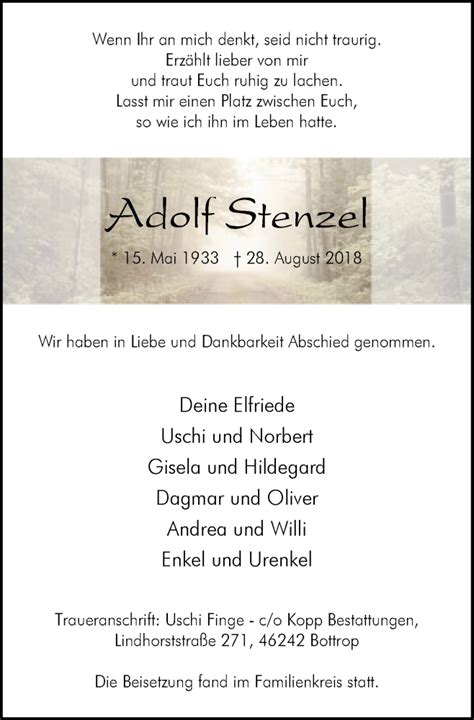 Traueranzeigen Von Adolf Stenzel Trauer In Nrwde