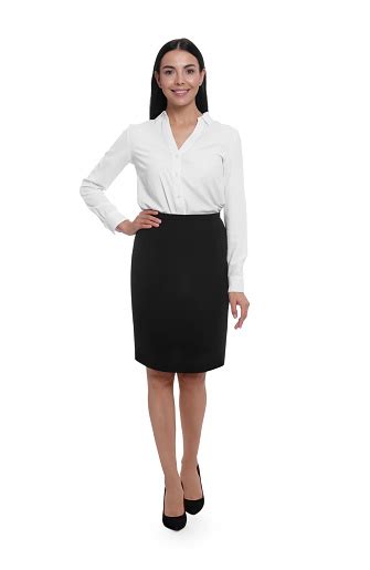 Full Length Portrait Of Hostess In Uniform On White Background Stock
