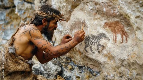 Neanderthal Man Drawing Animals On Rock Wall Bearded Caveman And