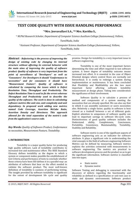 Pdf Test Code Quality With Issue Handling Performance · Metrics Are Used In Software Analysis