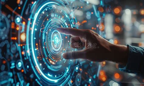 Person Interacting With Futuristic Circular Interface Screen Stock