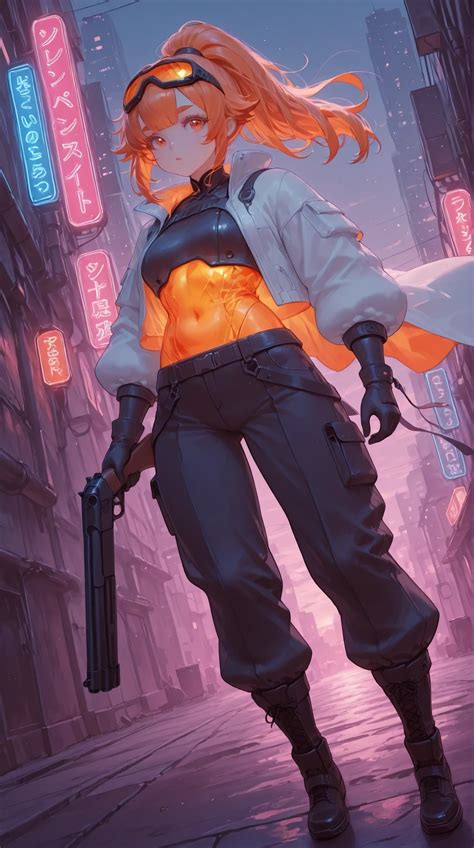 Anime Girl With Gun In City Street At Night Seaart Ai