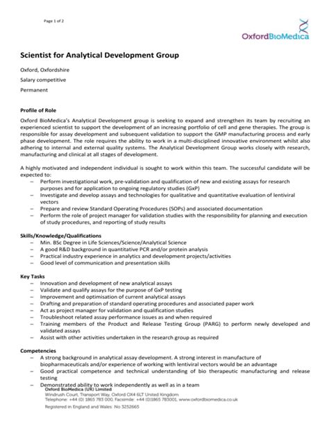 Scientist For Analytical Development Group