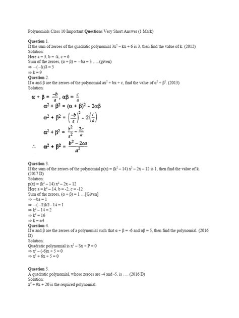 Class 10 Polynomial Important Questions Pdf Polynomial Factorization