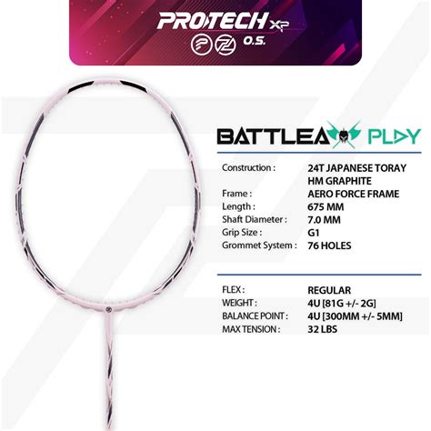 Protech Badminton Racket Battleax Play Pink 4ug1 Max32lbs Free String Grip Bag