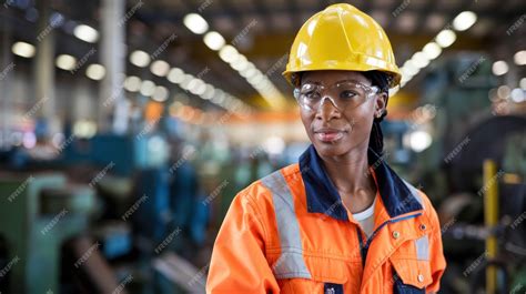 Portrait Black Female Factory Worker Wearing A Safety Helmet And