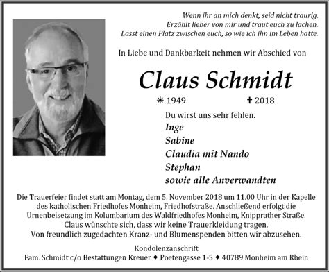 Traueranzeigen Von Claus Schmidt Trauer In Nrw De