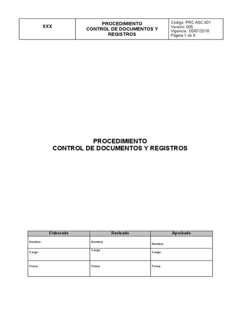 Procedimiento De Control De Documentos Y Registros Pdf