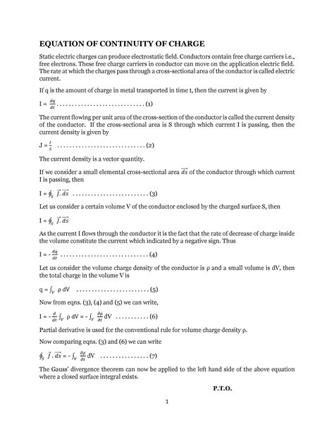 Continuity Eqn Charge Lecture 1 Equation Of Continuity Of Charge