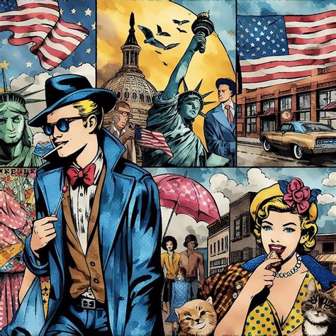 Pop Art Style Image Featuring Various American Cultural Icons And