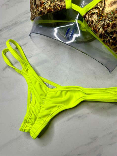 Gold Shimmer Leopard And Neon Yellow Micro Bottom Fede Swimwear